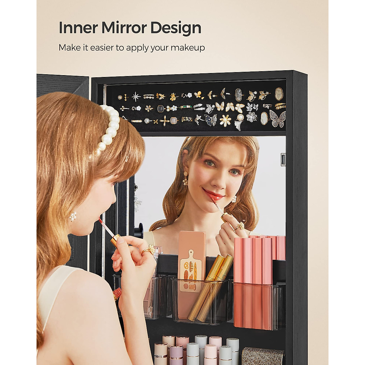 SONGMICS Jewelry Cabinet Armoire Organizer with LED Lights, Wall-Mounted Storage Cabinet with Full-Length Frameless Mirror, Built-in Makeup Mirror, 2 Drawers, Lockable, Black UJJC013B01