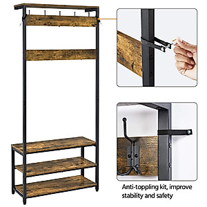 Yaheetech 3-in-1 Design Hall Tree Coat Rack Shoe Bench with 23 Hooks, Entryway Storage Shelf Bench with Metal Frame, Industrial Accent Furniture for Mudroom & Hallway, Easy Assembly, Rustic Brown