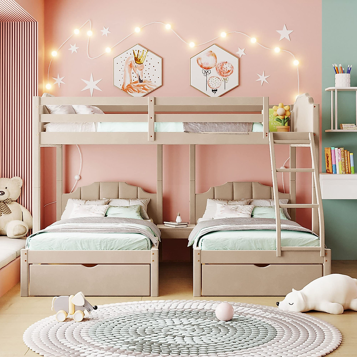 PRNDOLE Full Over Twin & Twin Bunk Bed,Triple Bunk Bed with 3 Drawers,Headboard and Guardrails for Kids Teens Adults,Beige