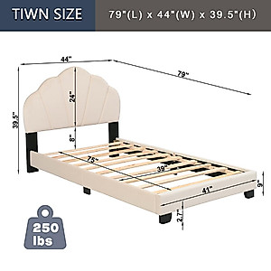 EastVita Twin Size Upholstered Platform Bed with Shell Design Headboard Acacia Wood Bedframe Mattress Foundation No Box Spring Needed for Kids Girls Boys Bedroom