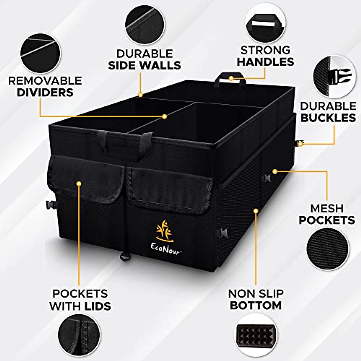 EcoNour Trunk Organizer for Car | Storage Organizer With Detachable Dividers for SUV | Collapsible Multi Compartment Groceries Organizer with Adjustable Straps | Car & Truck Accessories