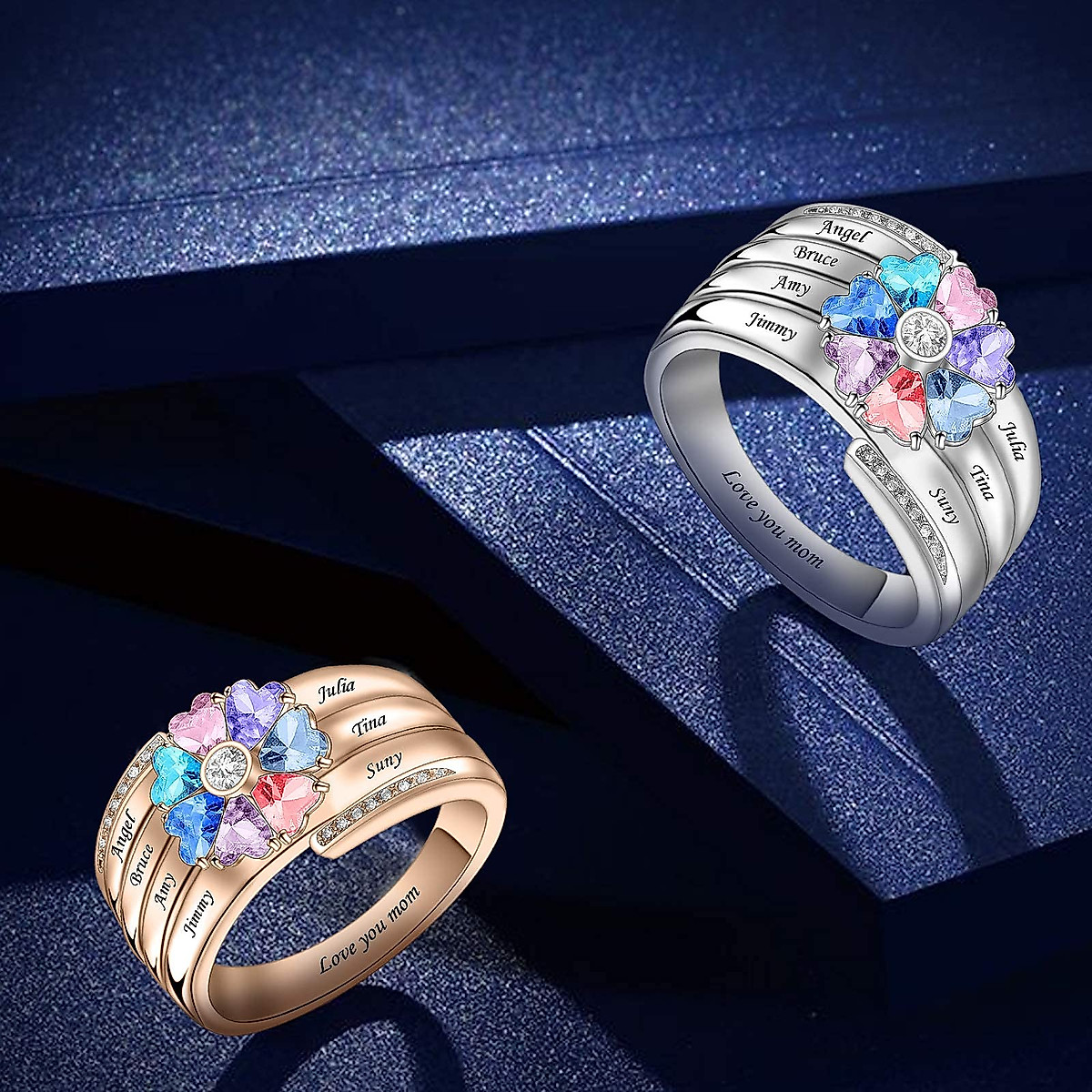 BAUMA AUTO Personalized Womens Ring with 2-8 Birthstones & Custom Names Sterling Silver Mother Ring Anniversary Rings for Mother's Day Women Grandma Wife (7 Name)