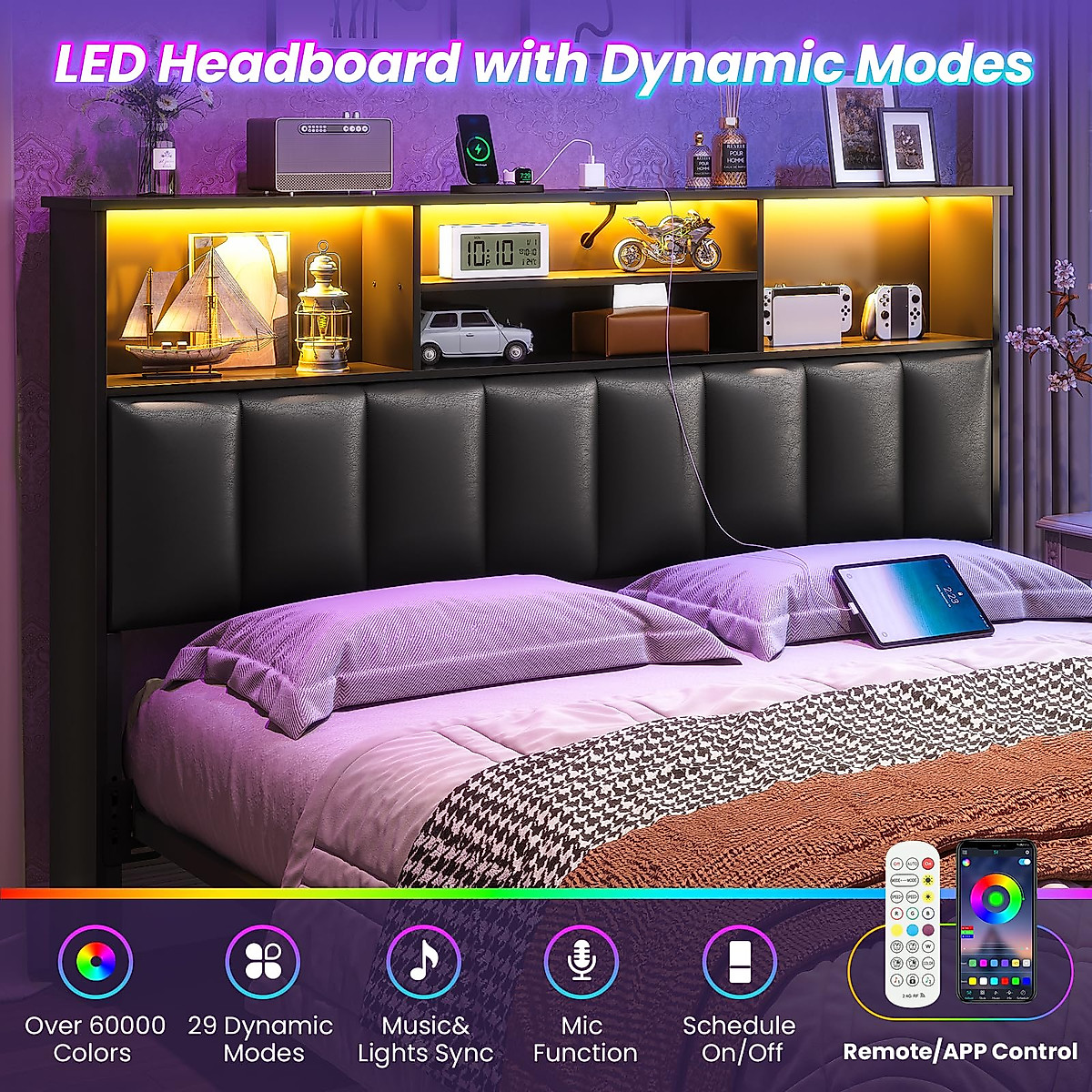 MSmask Queen Size Headboard Only, Upholstered Queen Size Bookcase Headboard with Charging Station and LED Lights, Modern LED Queen Bed Headboard with Storage, Bed Frame Adpater, Black