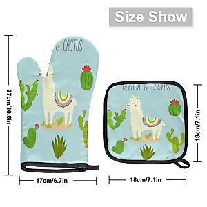 Cute Llama Cactus Oven Mitts and Pot Holders Sets of 2 Heat Resistant Non-Slip Kitchen Gloves Hot Pads with Inner Cotton Layer for Cooking BBQ Baking Grilling
