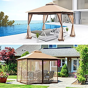 CHARMELEON Gazebo 10x10, Outdoor Gazebo with 4 Sandbags, Double Vented Roof Gazebo with Screen Netting Walls, Waterproof Patio Canopy for Deck, Party & Backyard (Khaki)
