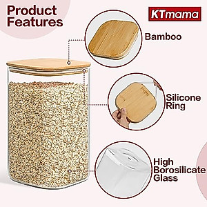 KTMAMA 1 Gallon Glass Jar with Bamboo Lid, Glass Food Storage Containers, 138 oz Cereal containers, Large Square Glass Jars with Bamboo Lids for Rice, Pasta, Oats, Grains, Cookies, Coffee Beans