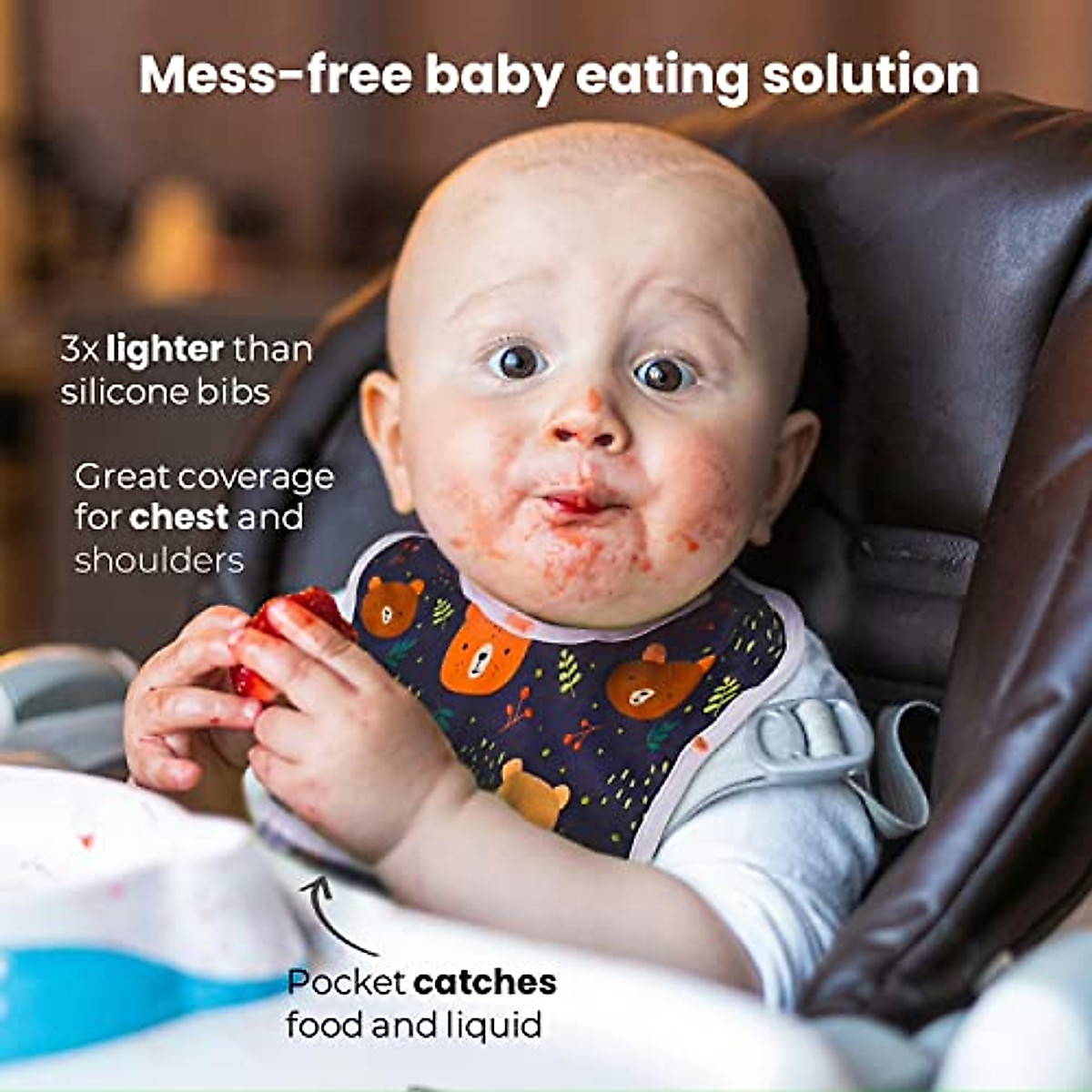 Tickleton Waterproof Baby Bib for Eating |6-24 Months Infant Boy & Girl Feeding Bibs with Pocket |Machine Washable |Odor and Stain Resistant |Lightweight |Cute Unisex Designs with Bright Colors