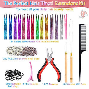 Mckanti 14 Colors Hair Tinsel Kit with Tool, 47 inch 2800 Strands Extensions for Women Girls, Fairy Glitter Sparkling Shiny Colorful Synthetic Party Daily Life Fashion