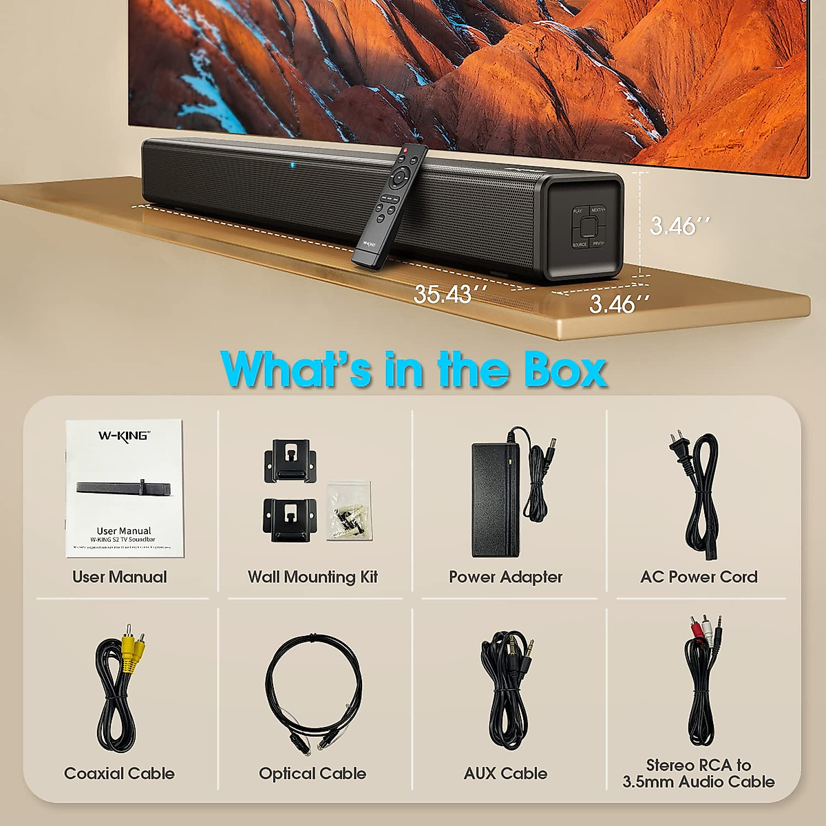 W-KING 70W Wireless Sound Bars for TV with Subwoofer (Bulit-in), 35.4" TV Speakers Sound Bar with Bluetooth/HDMI-ARC/Optical/Coaxial/AUX/RCA/USB Drive, Surround Sound Home Soundbar with SUB Out/3-EQ