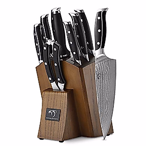 Kitchen Damascus Knife Set, WanRui Series 9-Piece Kitchen Knife Set with Block, Non-slip ABS Ergonomic Triple Rivet Handle for Chef Knives, Sharpener and Shears, Natural Wood Block (Updated Version)