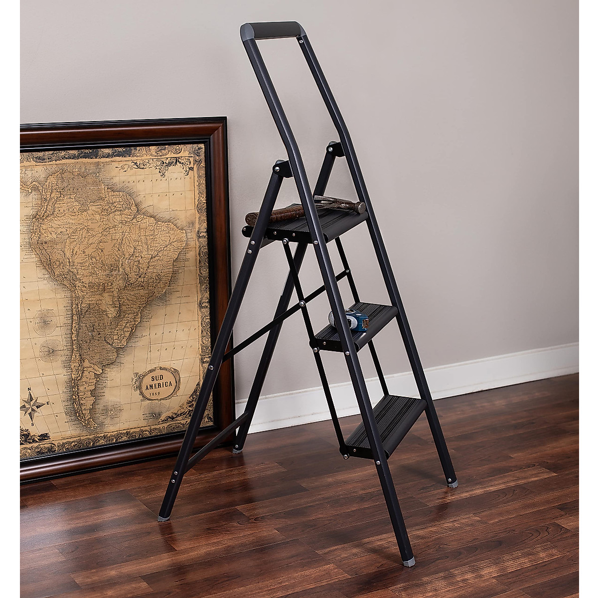 BIRDROCK HOME Slim Aluminum Step Ladder - Lightweight Folding Step Stool for Kitchen, Home, Tall Cabinets, or Closet - Compact Narrow Metal Stepstool with Anti-Slip Steps - 3 Step Ladder for Adults