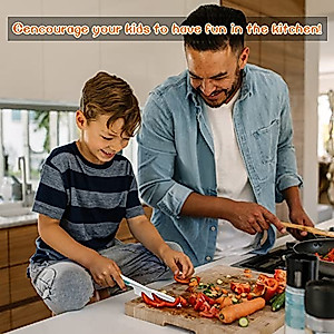 8 Pieces Kids Knife Set，Wooden Kids Kitchen Knives Set include 4 Plastic Toddler Safe Knives/Crinkle Cutter/Kids Cutting Board/Y-Peeler/Resistant Gloves for Cutting Veggies Fruit Cake Salad Bread