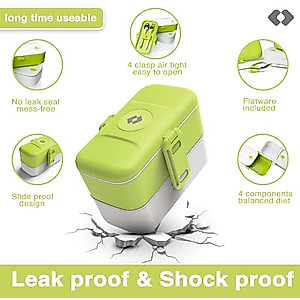 SARZ Bento Lunch Box for Kids - with 2 Containers and 4 Compartments, Modern Stackable Cute Bento Lunch Box with Cutlery Set, Two Adjustable Dividers, Microwave and Dishwasher Safe (Green)