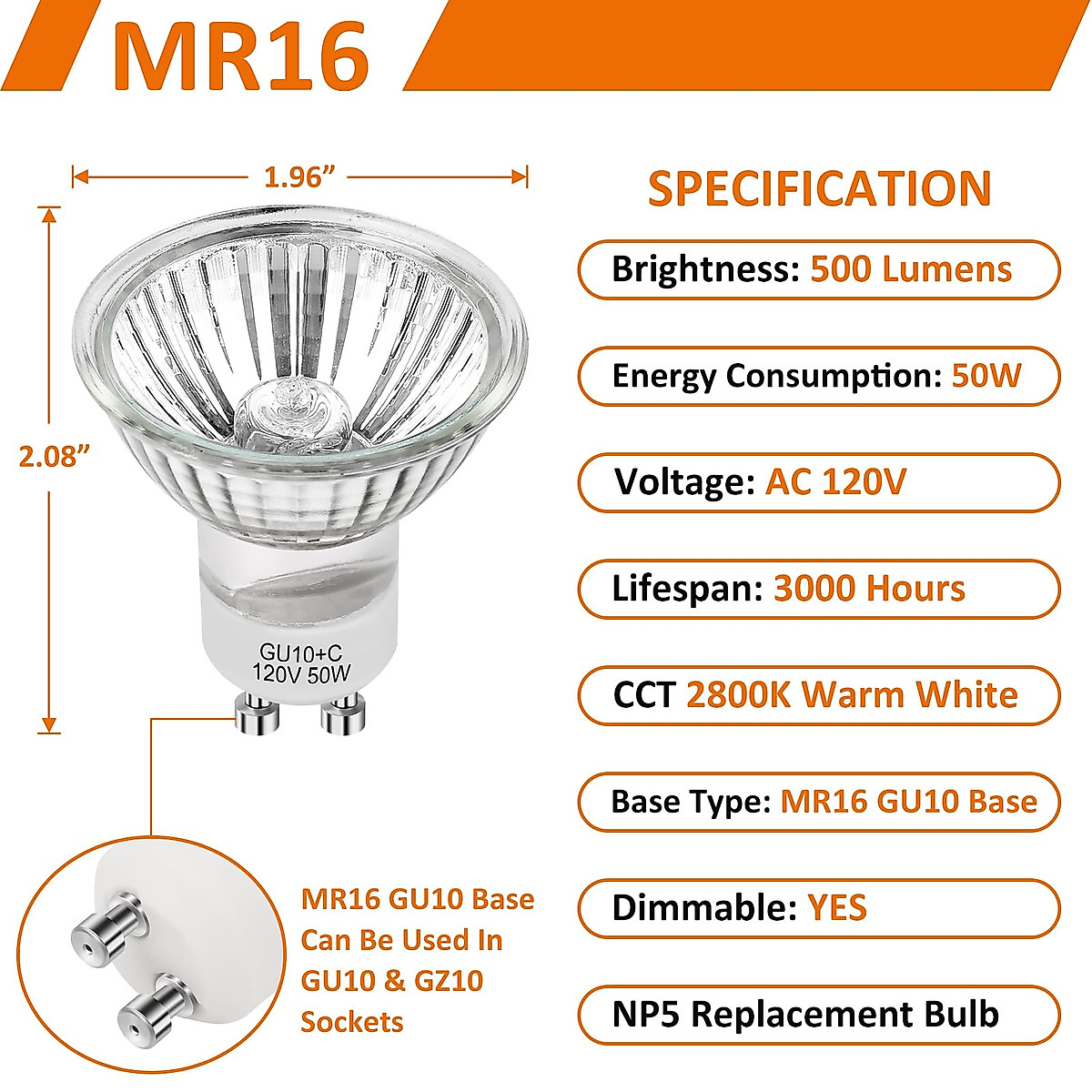 qinghemengxia GU10 Halogen Bulb 120v 50w Halogen Light Bulbs, 2800k Warm White gu10 Dimmable for Track Light Bulbs Glass Cover for Range Hood Light Bulbs Pack of 6