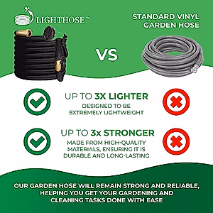 LightHose Garden Hose, NON-EXPANDABLE Garden Hose, Super Light Weight Hose, No Burst, 3/4 inch Solid Brass Connectors, 50 Ft, Black