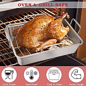 Stainless Steel Roasting Pan with Rack, HaSteeL Large 15.2In Lasagna Roaster Pan, Baking Rack, V-shaped Rack & 8In Basting Brush, Great for Turkey/Chicken/Veggies, Heavy Duty & Dishwasher Safe - 4Pcs