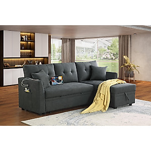 Eafurn L-Shape Reversible Sectional Sofa Bed Convertible Sleeper Corner Couch w/USB Ports and Storage Chaise, 4 in 1 Pull-Out Sofabed for Living Room, Apartment, Office