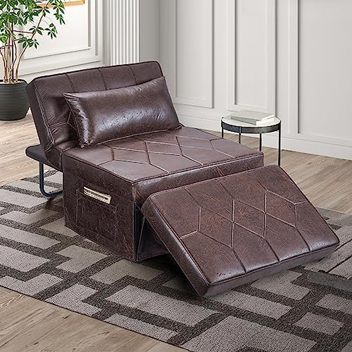 Litbird Sofa Bed, 4 in 1 Multi-Function Folding Ottoman, Couch Bed with Adjustable Backrest Convertible Chair for Living Room, Apartment, Office, Imitation Leather, Modern, Brown