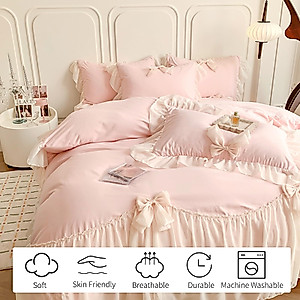 Rvciby Girls Pink Bow Duvet Cover Full Size,3PCS Soft Microfiber Bedding Set,Romantic French Bedding with Chiffon Lace and Cute Bows,Corner Ties&Zipper Closure (79"x90"-1 Duvet Cover,2 Pillow Cases)