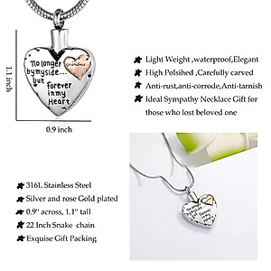RIMZVIUX Grandma Urn Necklace for Ashes 316L Stainless Steel Heart Cremation Jewelry Urn Pendant Charm No Longer By My Side Forever in My (Grandma) …
