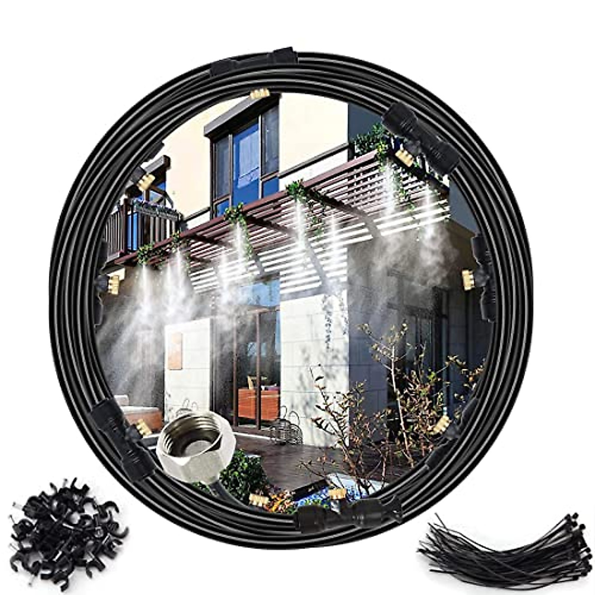 Misting Cooling System 82ft Outdoor Misting Line 25m with 21 Brass Mist Nozzles 3/4" Brass Adapter for Patio Misting System Pre-Assembled Outdoor Mister for Garden Greenhouse Trampoline Playground