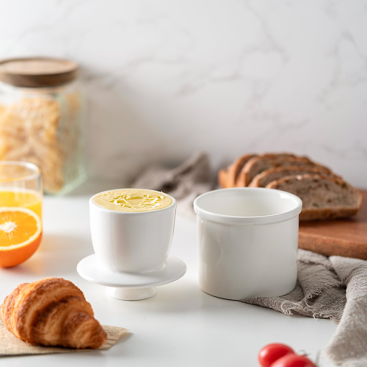 Husfunov Butter Crock with Water Line for Countertop, French Butter Dish with Lid, Ceramic Butter Keeper for Fresh Spreadable Butter, Butter Container Holder for Kitchen and Home Decor, White