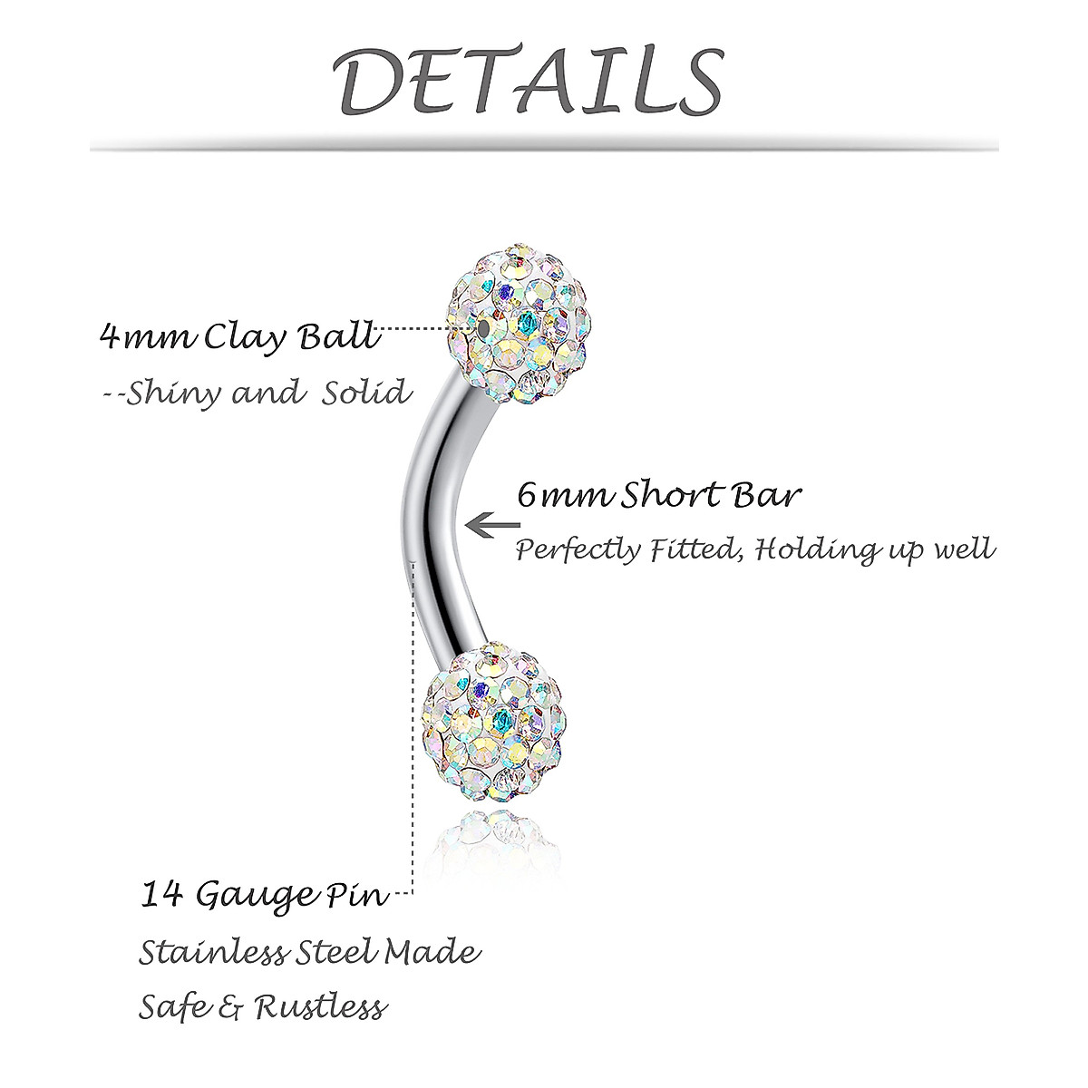 Tornito 6PCS 14G Short Bar Stainless Steel Belly Button Rings 6mm Bar Navel Rings for Women Barbell Dangle Body Piercing Jewelry