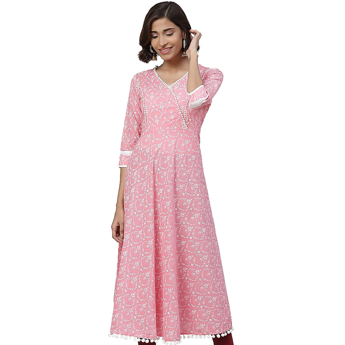 Yash Gallery Women's Cotton Floral Print Anarkali Kurtis (Light Pink)