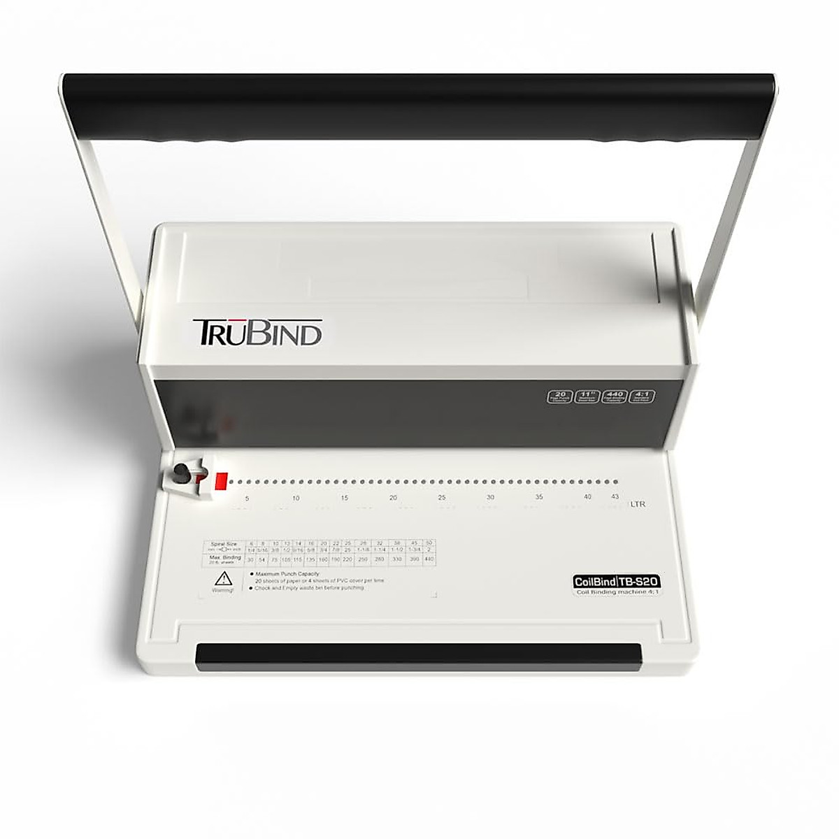 TruBind Coil Binding Machine - Manual Round Hole Punch - Adjustable Side Margin - 4 to 1 Pitch - 20 Sheet Punch Capacity