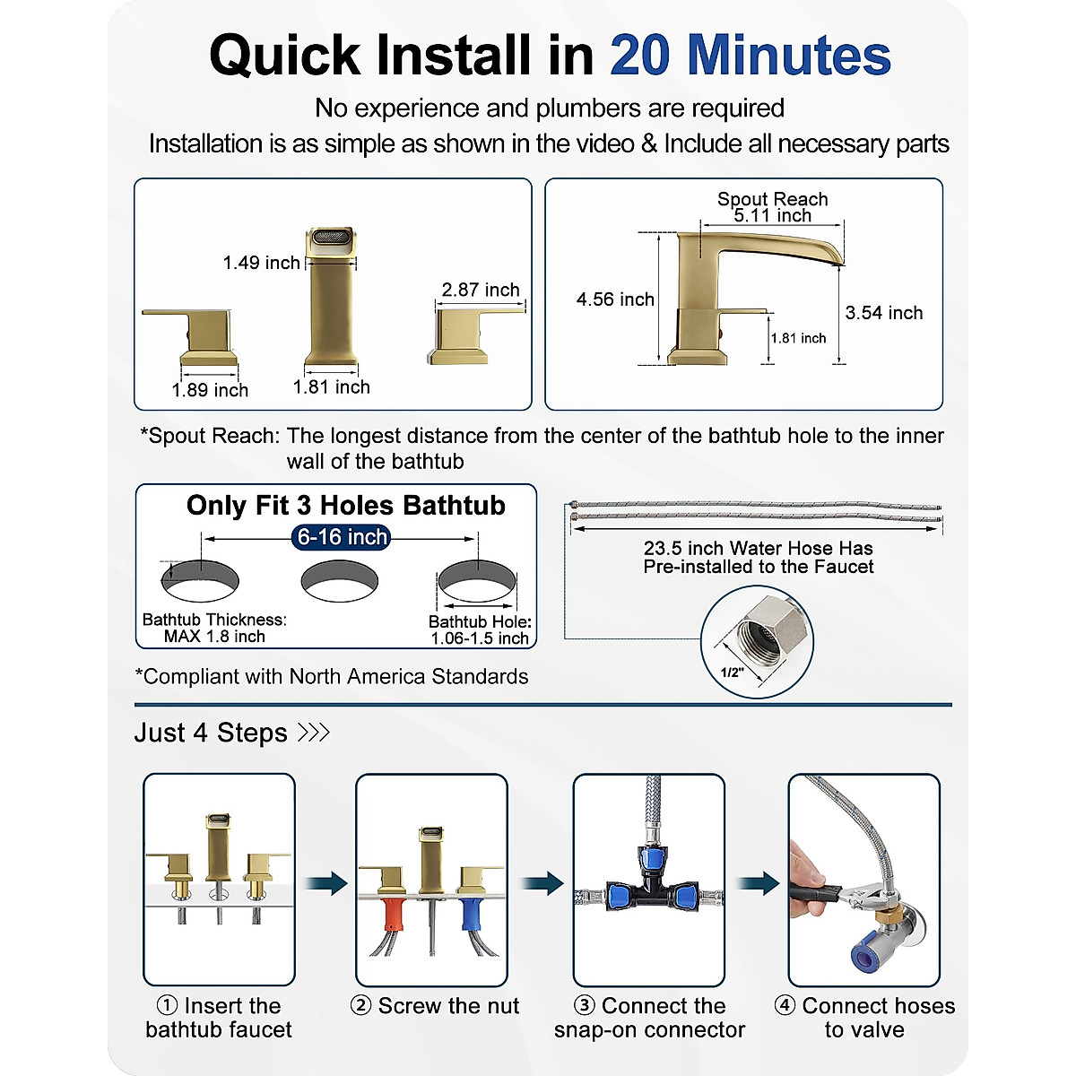 HOIGY Roman Bathtub Faucet Deck Mount 3 Hole, Brass Waterfall Faucet for Bathtub 6-16 Inch, Brushed Gold Tub Faucet Set 2 Handle, High Flow Widespread Bathtub Faucets with Water Hoses for Hotel
