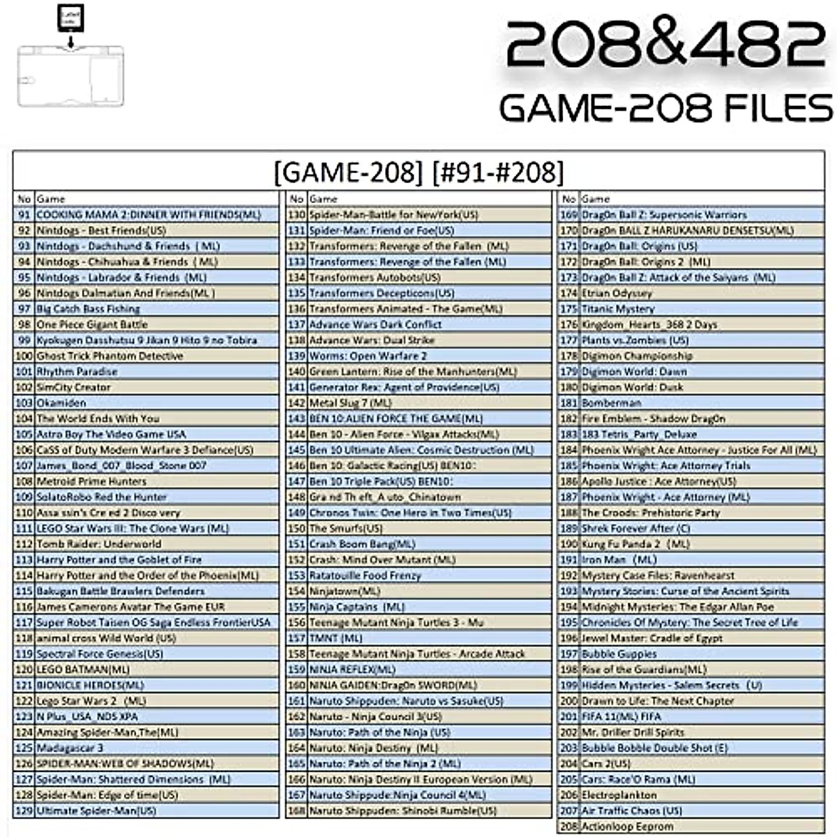 208 and 482 in 1 Game Card, Super Combo Game Cartridge Suitable for Various Types of Game Consoles