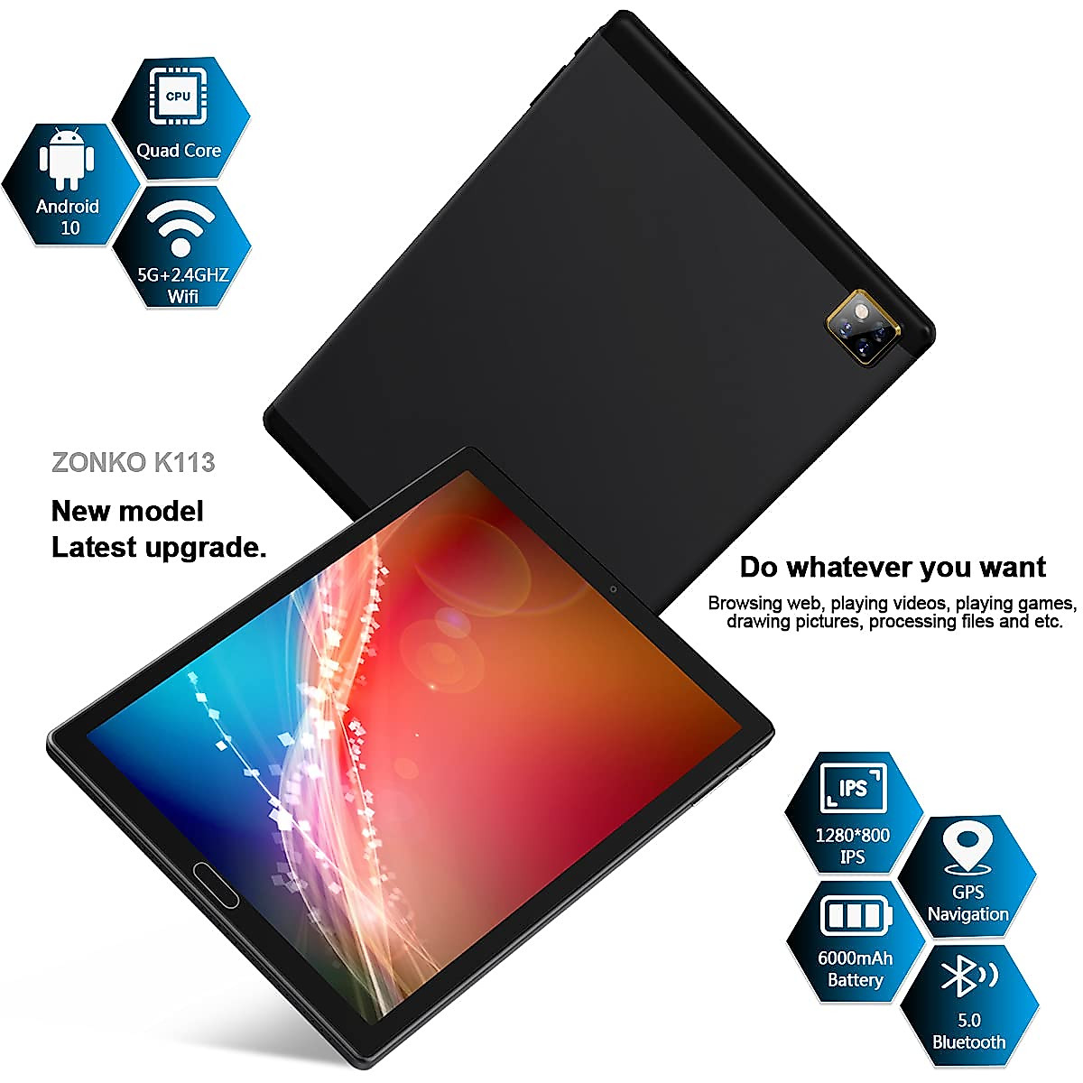Tablet 10 inch, Android 11.0 GMS Tablets with 4GB RAM 64GB Storage, 128GB Expandable, Quad Core, 10" 1280x800 IPS HD Screen, 6000mAh Battery, 13 MP Camera Support 5.0 Bluetooth, GPS, Dual Wifi 5G＆2.4G