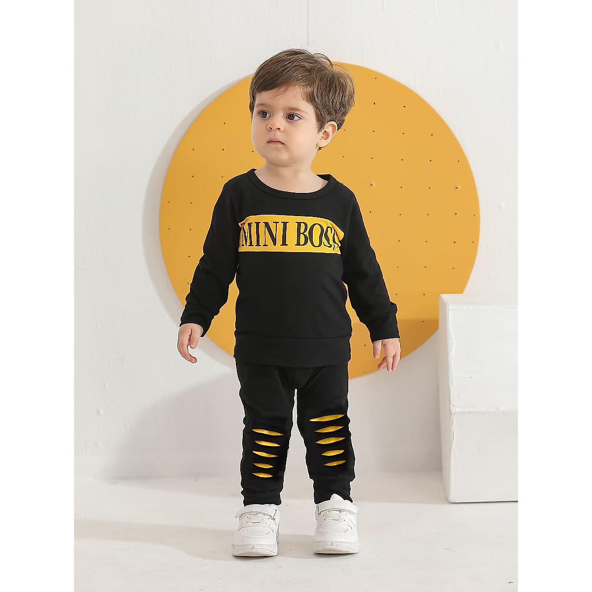 Limuvany Toddler Infant Baby Boy Clothes Long Sleeve Letter Print Sweatshirt Tops + Pants 2 PCS Sweatsuit Outfit (6-9 Months) Black