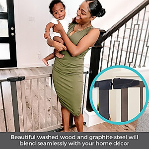 Toddleroo by North States Driftwood Extra Wide Auto Close Baby Gate: Self-Closing Child Gate with Hold-Open Feature. Pressure Mounted Baby Gate, Fits 29.75” to 52” Wide. (30" Tall, Graphite and Wood)