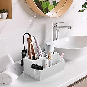 Bivvclaz Hair Tool Organizer, Wooden Hair Dryer Holder Wall Mount, Countertop Hot Tools Organizer for Hair Styling Accessories, Bathroom Supplies Vanity Caddy for Curling Wand, Blow Dryer, White