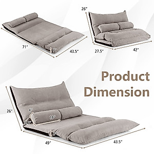 Moccha Floor Sofa Bed, Folding Lazy Sofa Sleeper Bed with 2 Pillows, Adjustable Floor Couch Gaming Sofa with Metal Frame, Convertible Chaise Lounge for Living Room, Bedroom, Balcony, Gray