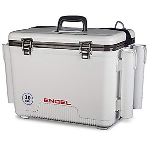 Engel 30qt Live Bait Cooler Box with 2nd Gen 2-Speed Portable Aerator Pump and 4 x Fishing Rod Holder Attachments. Fishing Bait Station and Minnow Bucket in LBC30-RH in White