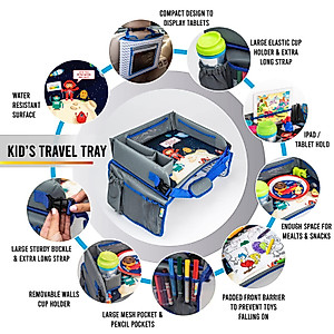 Kids Travel Tray - Car Seat Tray - Travel Lap Desk Accessory for Your Child's Rides and Flights - it's a Collapsible Organizer that Keeps Children Entertained Holding Their Toys (Blue)