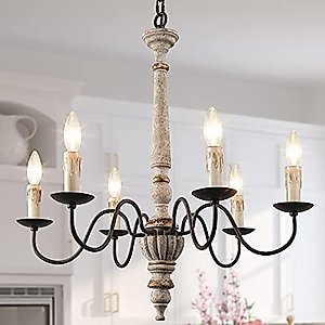 LALUZ French Country Chandelier Farmhouse Handmade Wood 6 Lights for Dining, Bedroom, Living Room, Distressed