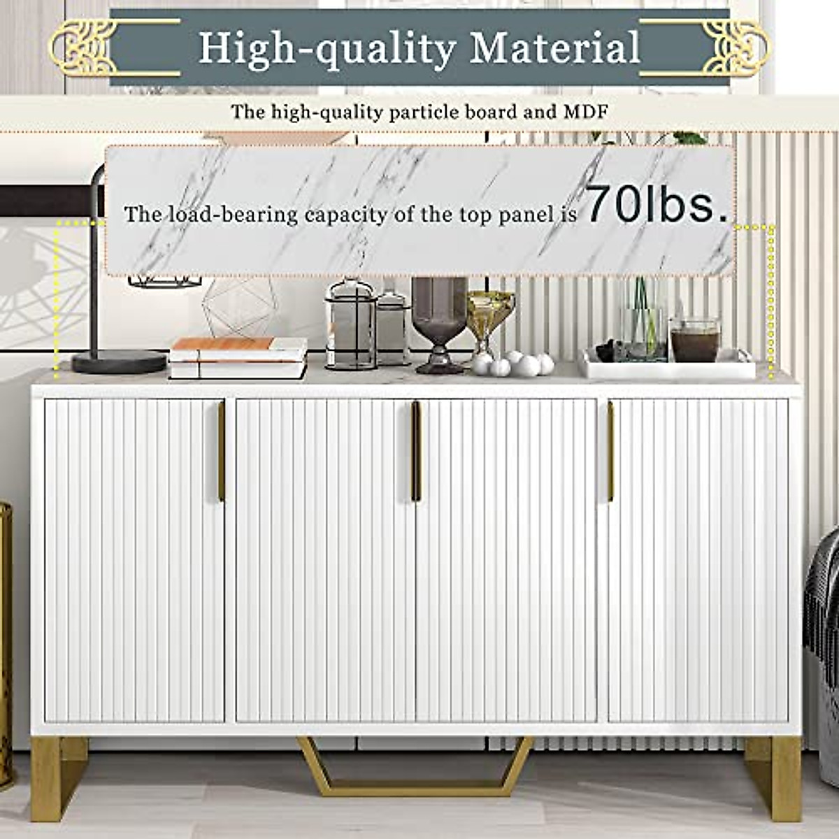 XD Designs Modern Luxury 60'' Large Storage Cabinet with Gold Metal Handles & Legs, Kitchen Buffet Cabinet Console Entryway Table with Adjustable Shelves for Living Room Kitchen (White-F)