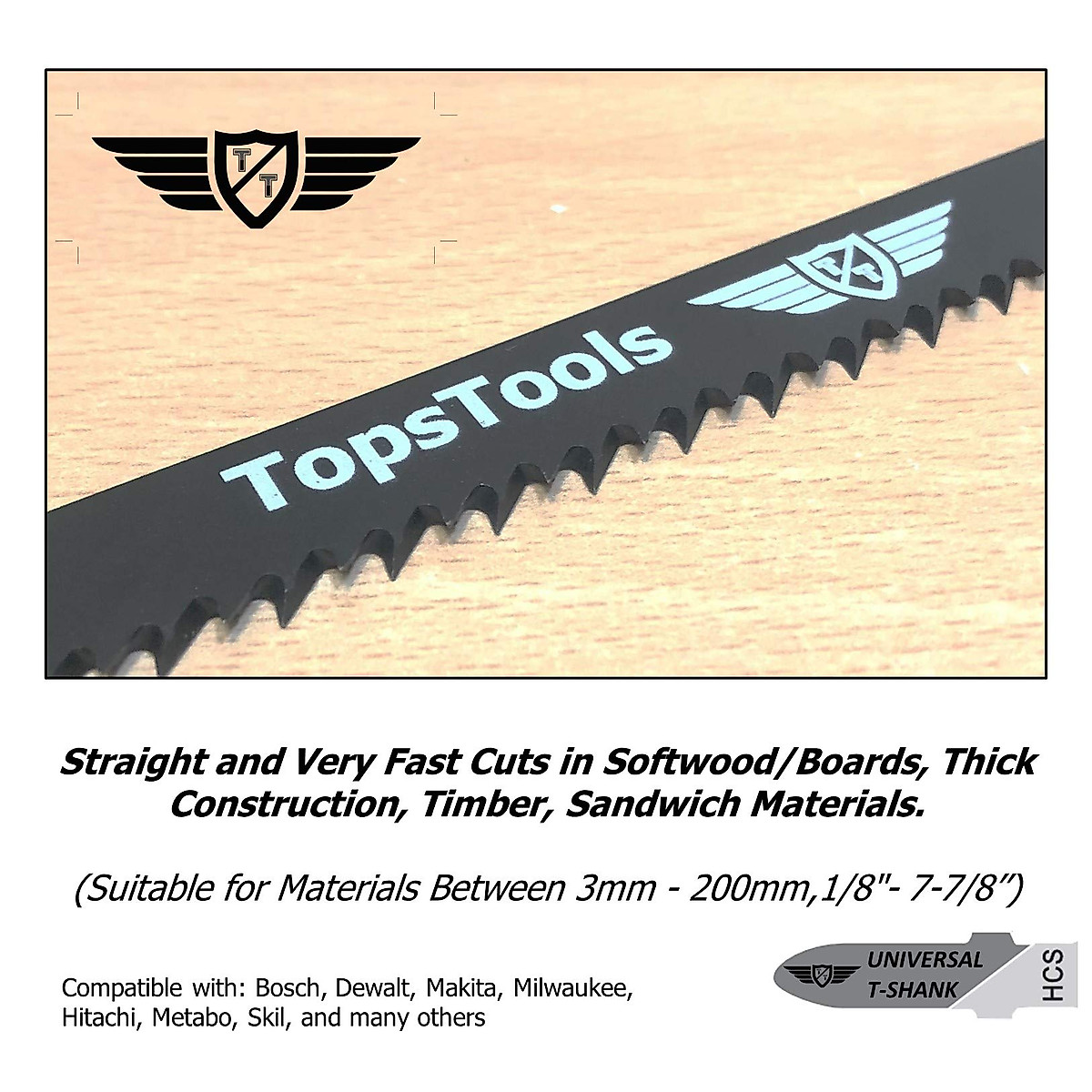 5 x TopsTools JSTT1044D T1044D 10" (250mm) Long Clean and Fast Cuts Wood Cutting Jigsaw Blades Compatible with Bosch, Dewalt, Makita, Milwaukee and many more