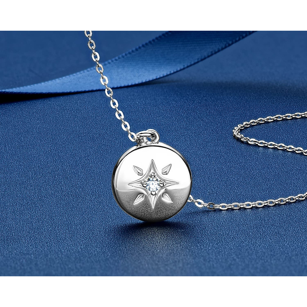 DYUNQ North Star Necklace Sterling Silver, Moissanite Lab Created Diamond Starburst Compass Disc Medallion Hypoallergenic Pendant for Women, 18 to 20 Inch, Graduation Jewelry Gifts