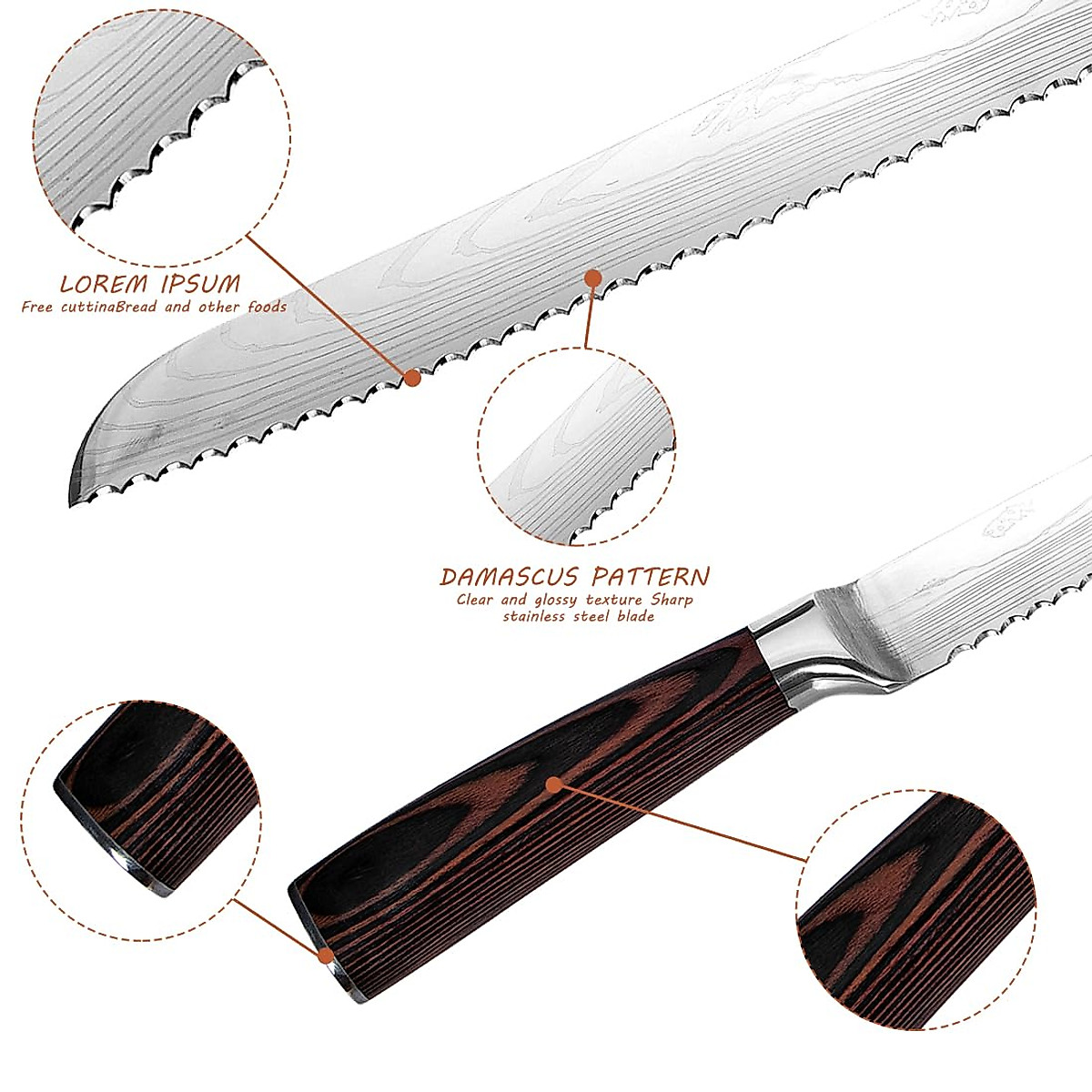 YSYONM Bread Knife 8 Inch Serrated Bread Knives Stainless Steel Sharp Edge Bread Slicing Knife for Cutting Crusty Bread, Pastry, Cake & Homemade Bread