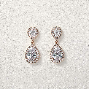 SWEETV Teardrop Dangle Earrings for Brides,Cubic Zirconia Rose Gold Drop Earrings for Women - Prom,Pagegant,Wedding Jewelry
