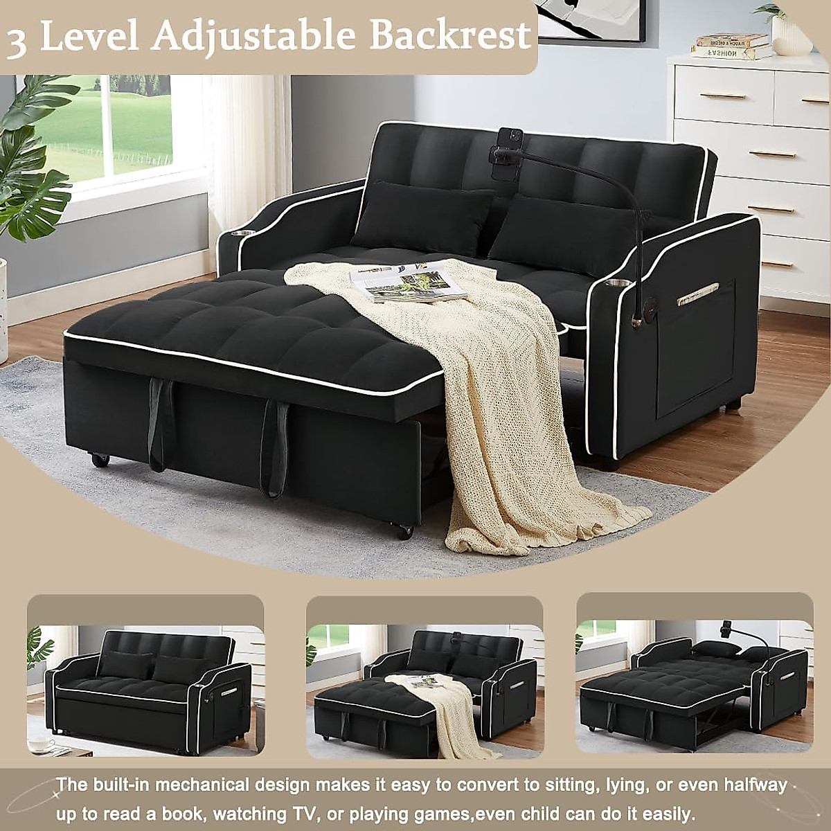 Convertible Sleeper Sofa Bed with USB Ports,Pull Out Sofa Bed with Swivel Phone Holder,Modern Velvet Loveseat Futon Couch with with Cup Holders,Small Love Seat Lounge Sofa Bed for Small Space(Black)
