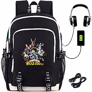 Roffatide Anime My Hero Academia Backpack Printed College School Bag Laptop Backpack with USB Charging Port & Headphone Port