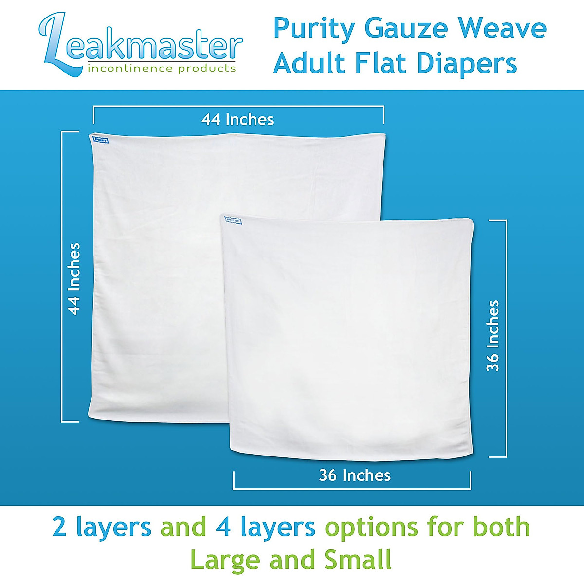 Purity Adult Flat Cloth Diapers by LeakMaster - Soft, Absorbent & Durable 100% Cotton Gauze Weave Fabric. Made in The USA - X-Large Size 44x44 Inches - 4 Layered