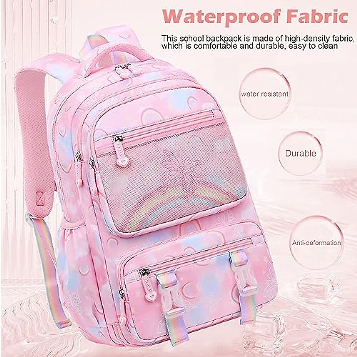 BYXEPA Girls Backpack, 16.5 * 13.5 * 7 inches School Backpack for Girls, Lightweight Kids Backpack with Compartments, Kids' School Book Bag for Elementary Student (Pink)
