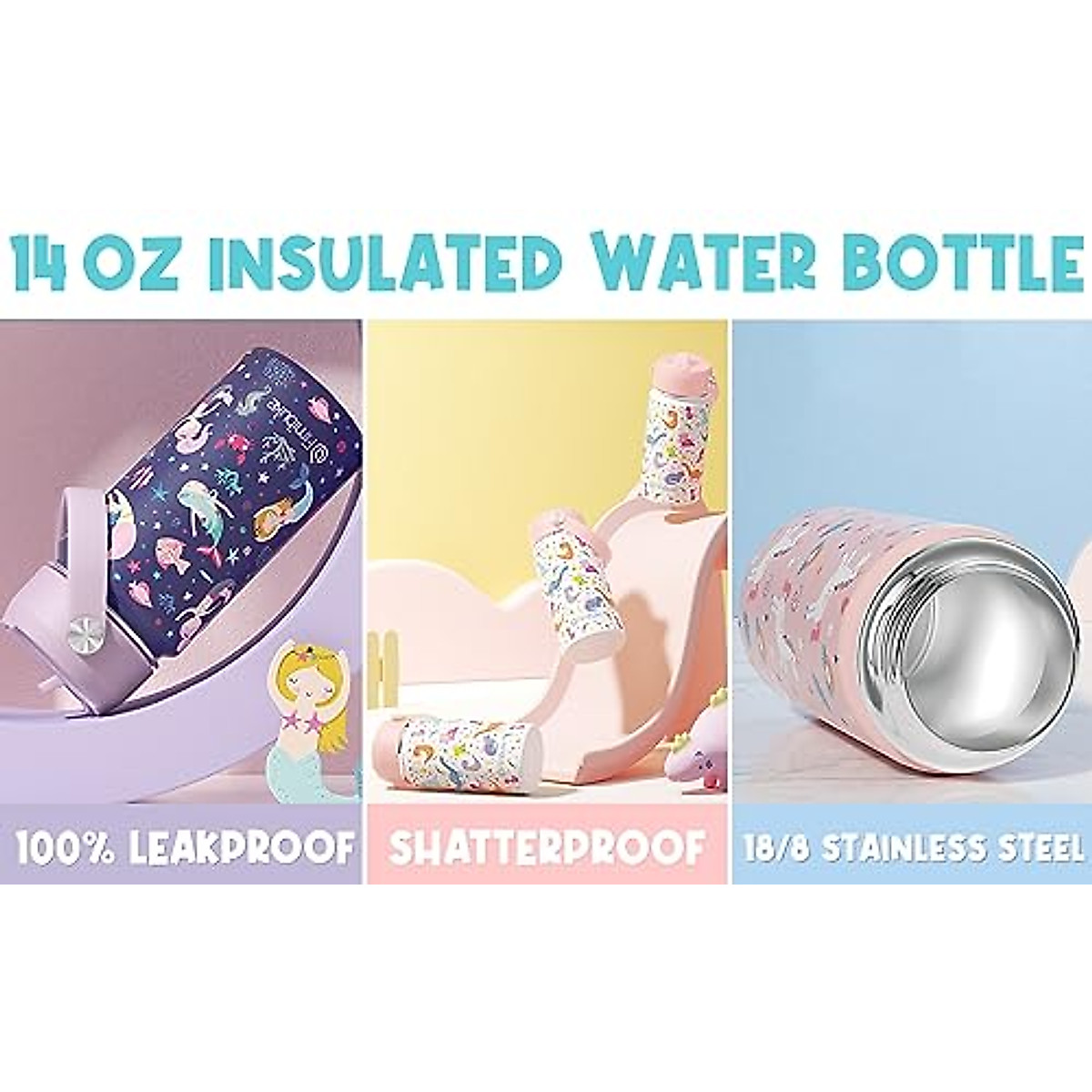 Fimibuke Kids Bento Lunch Box with 4 Compartments, Insulated lunch Bag, Stainless Steel Insulated Water Bottle, Ice Pack & Utensils, Birthday Gifts for Ages 3-12 Back to School Toddler Girls Boys