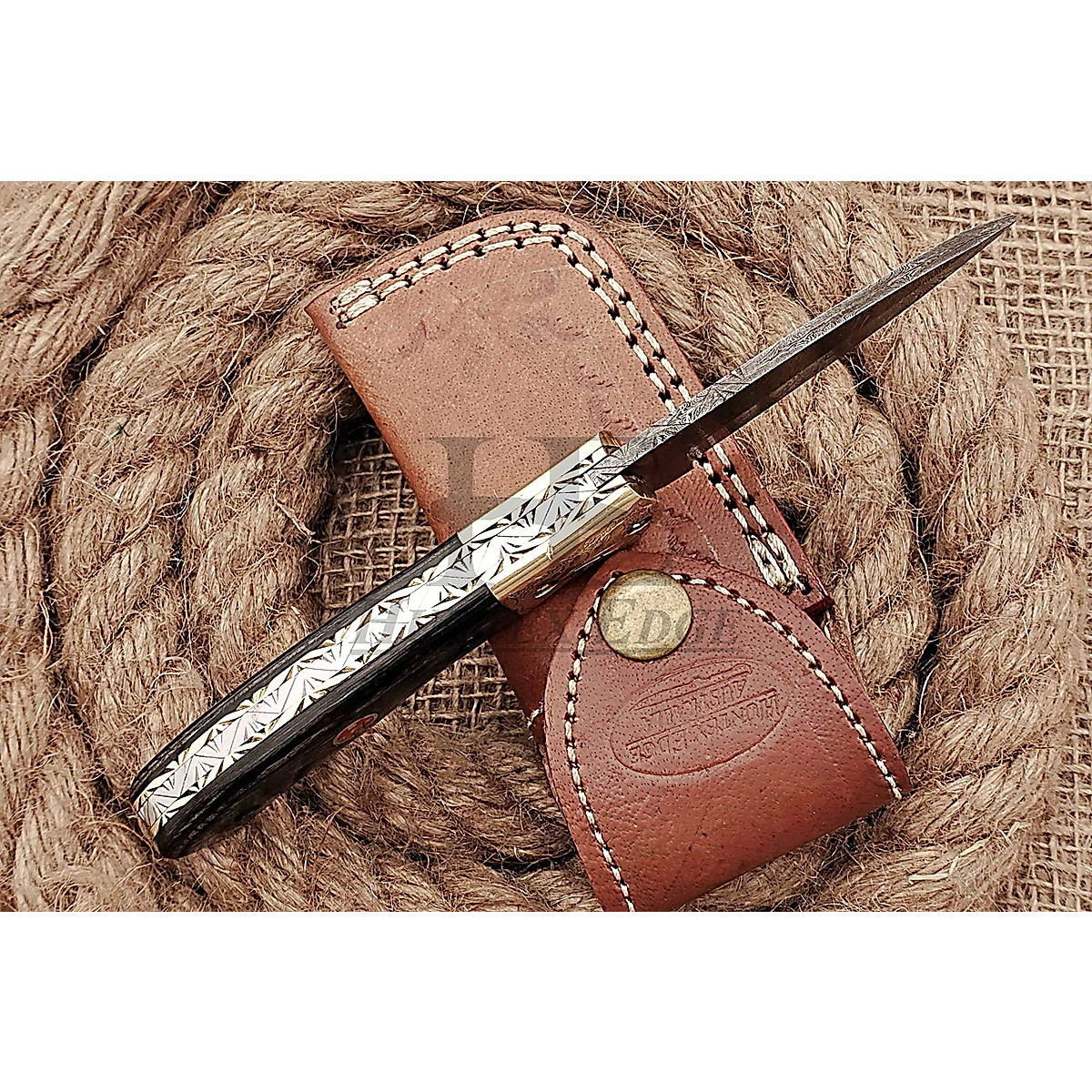 HUNTEX Custom Handmade Hand-Forged Twist Pattern Damascus Steel 4 Inch Long Pakka Wood Handle Razor Sharp Hunting Camping Folding Pocket Drop Point Knife with Genuine Leather Pouch